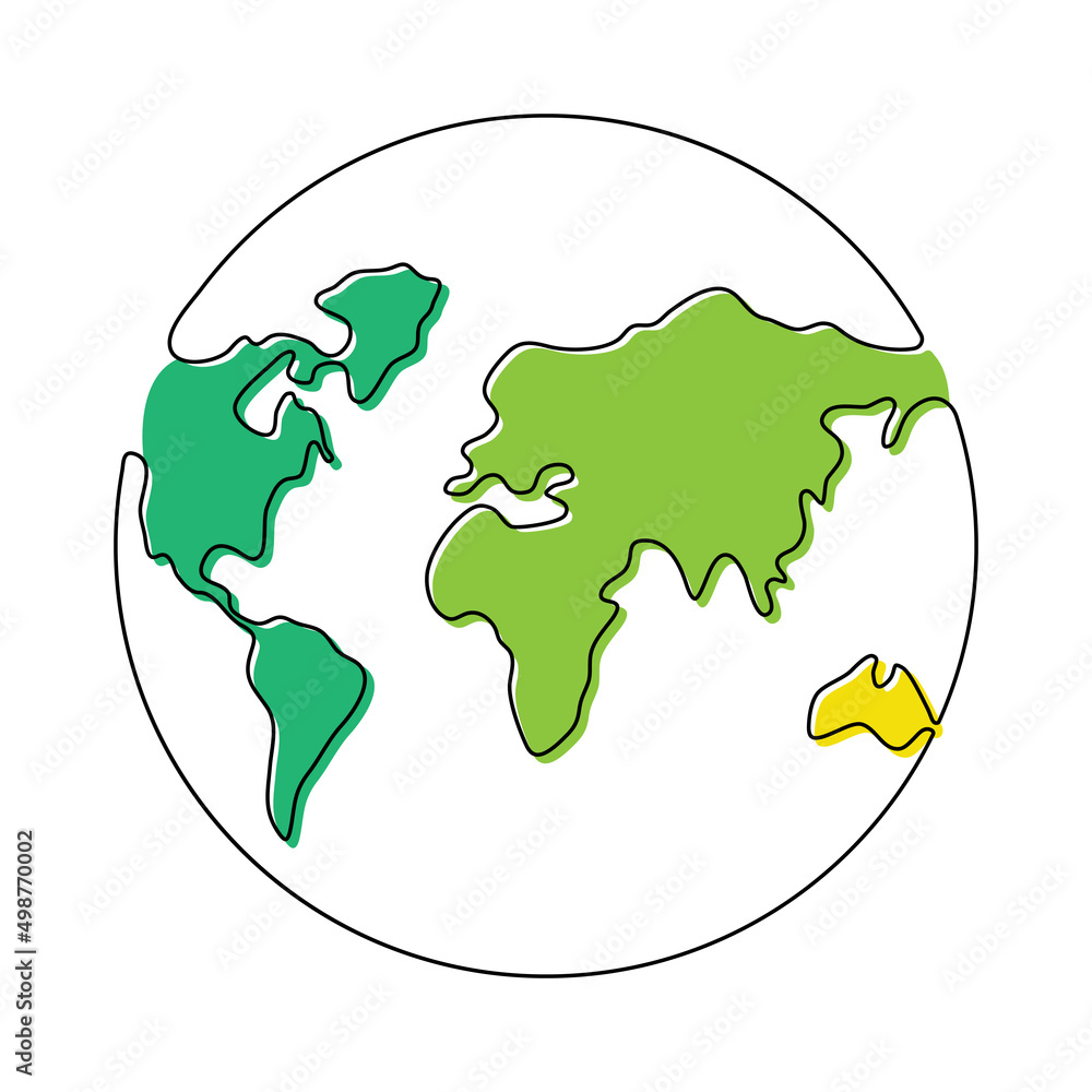 World map one line art. Continuous Earth line drawing symbol with color ...