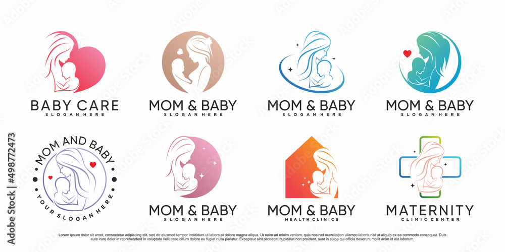 Mom and baby icon set logo design template with creative element ...