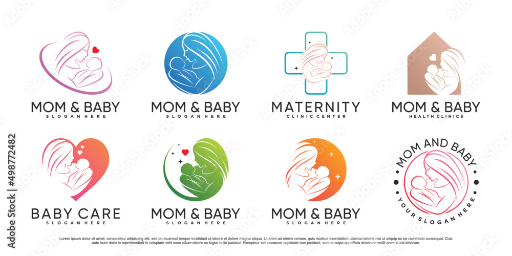Mom and baby icon set logo design template with creative element ...