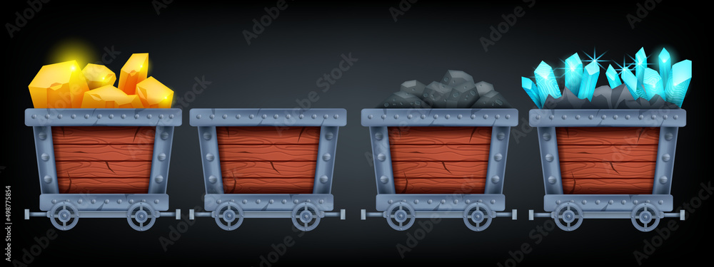 Mine cart vector set, diamond wagon kit, old coal game trolley ...