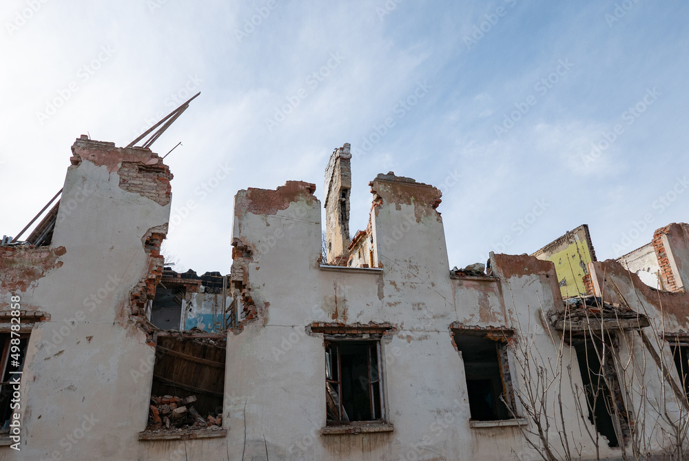War ruins. Destroyed city after the bombing. Dead city. Bombed ...
