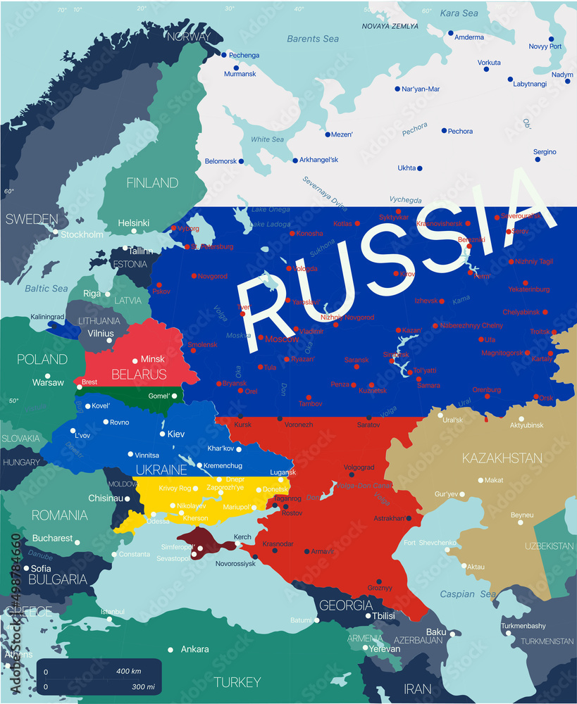 Western part of Russia Belarus and Ukraine detailed editable map with ...
