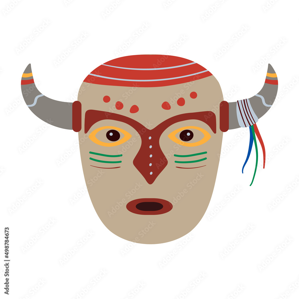 Wooden african mask with horns in flat naive style. Cartoon vector ...