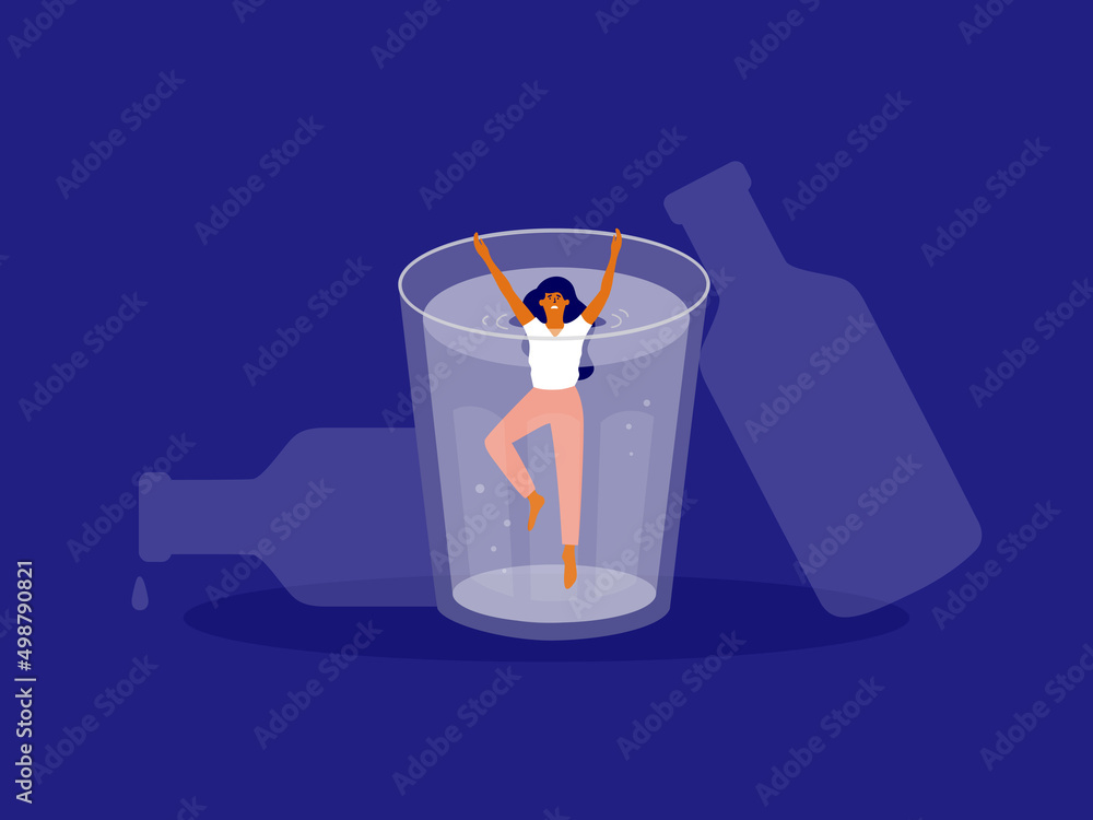 Afraid woman drowning in glass of alcohol. Female alcoholism concept ...