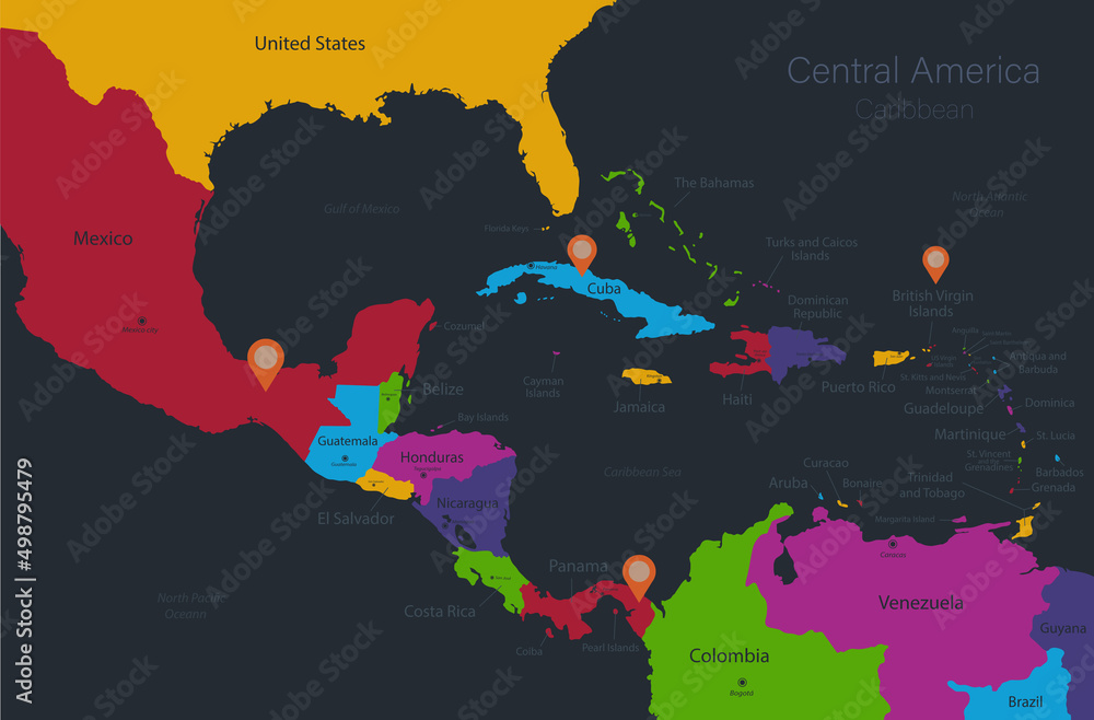 Infographics Central America and Caribbean Islands map, flat design ...