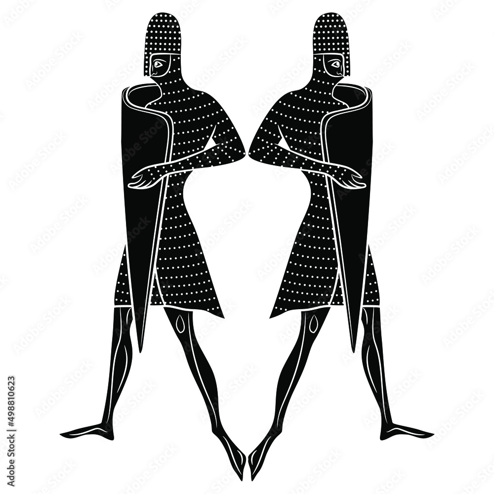 Symmetrical design with two medieval knights in armor with shields ...