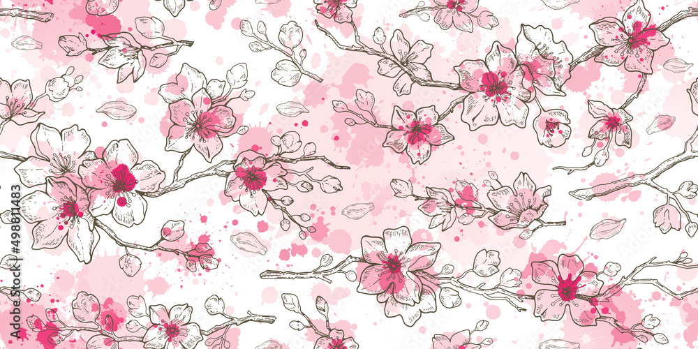 Flower blossom pattern. Sakura cherry, almond vector seamless ...
