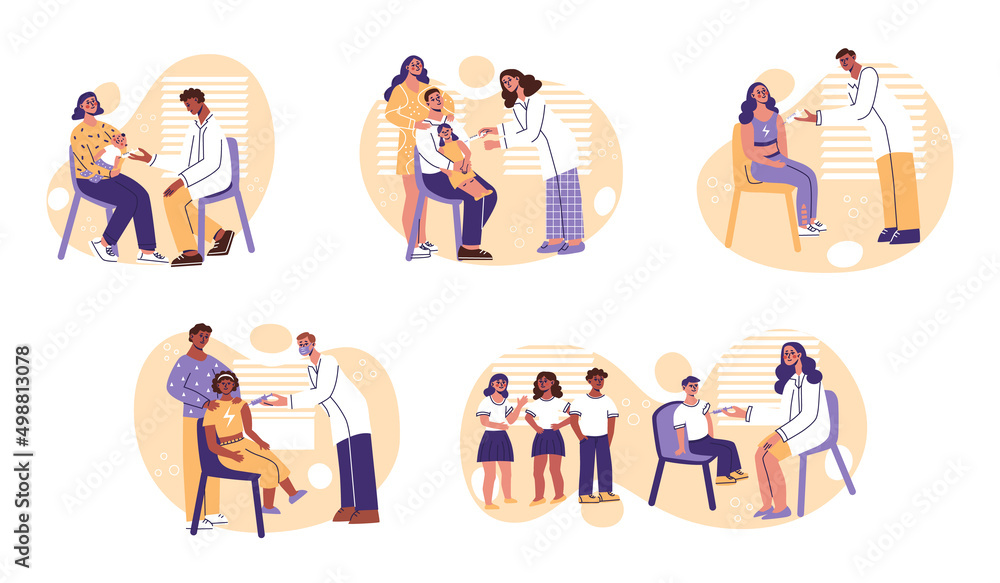 Children vaccination set. Different nationalities kid with family ...