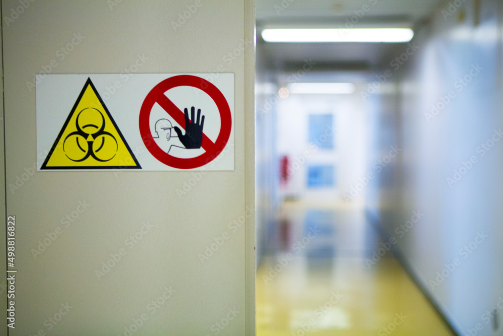 Hospital biology laboratory: prohibition sign and biohazard zone. Stock ...