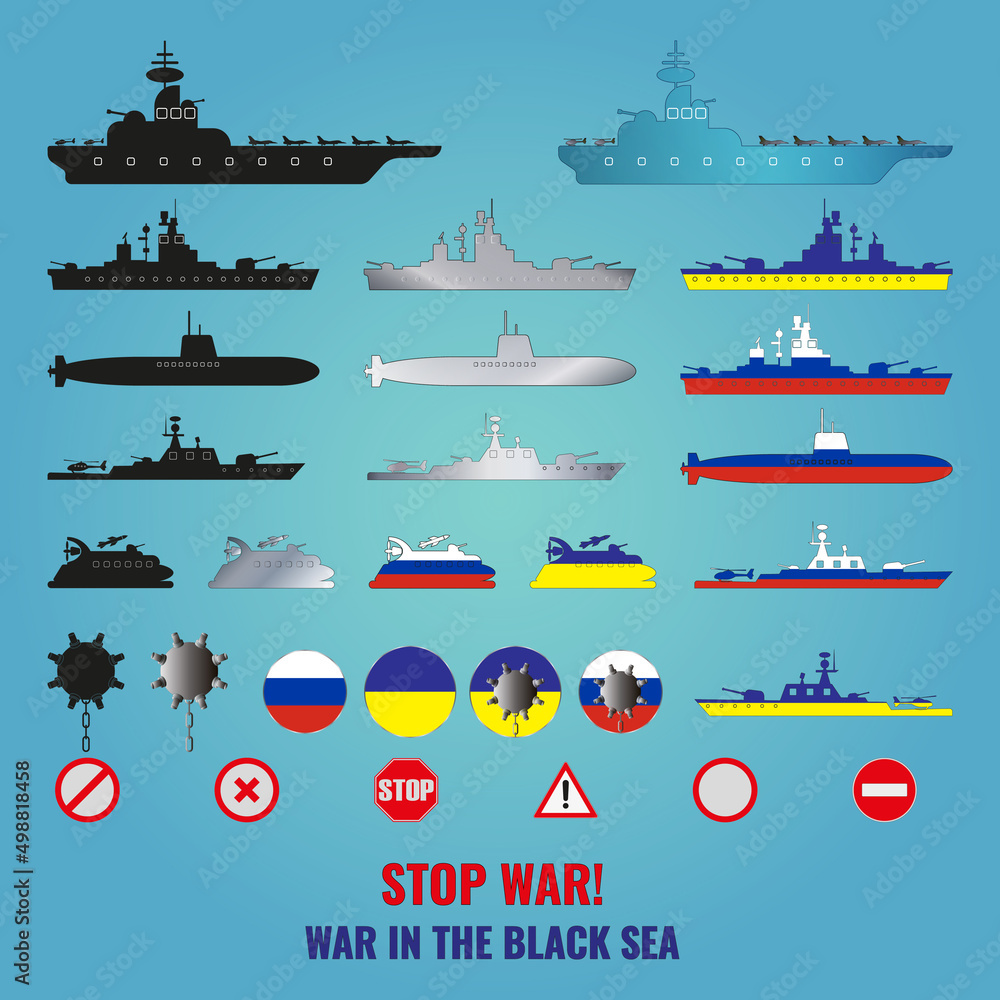 A set of icons of ships, naval mines and anti-war signs painted in the ...