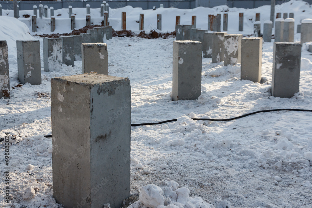 Foundation of a building under construction. concrete columns. Concrete ...