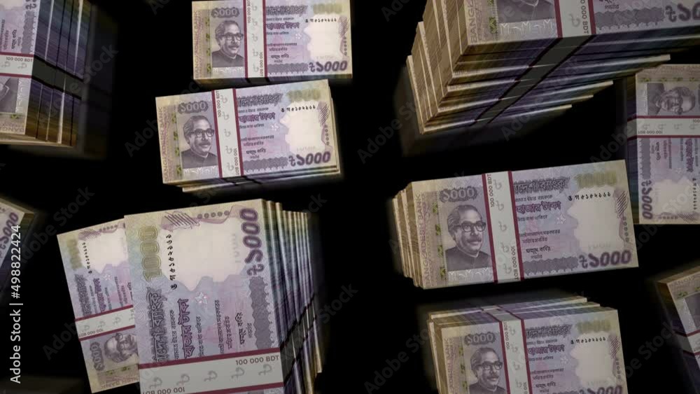 Bangladeshi Taka money pack loop. Flight over BDT banknotes stacks top ...