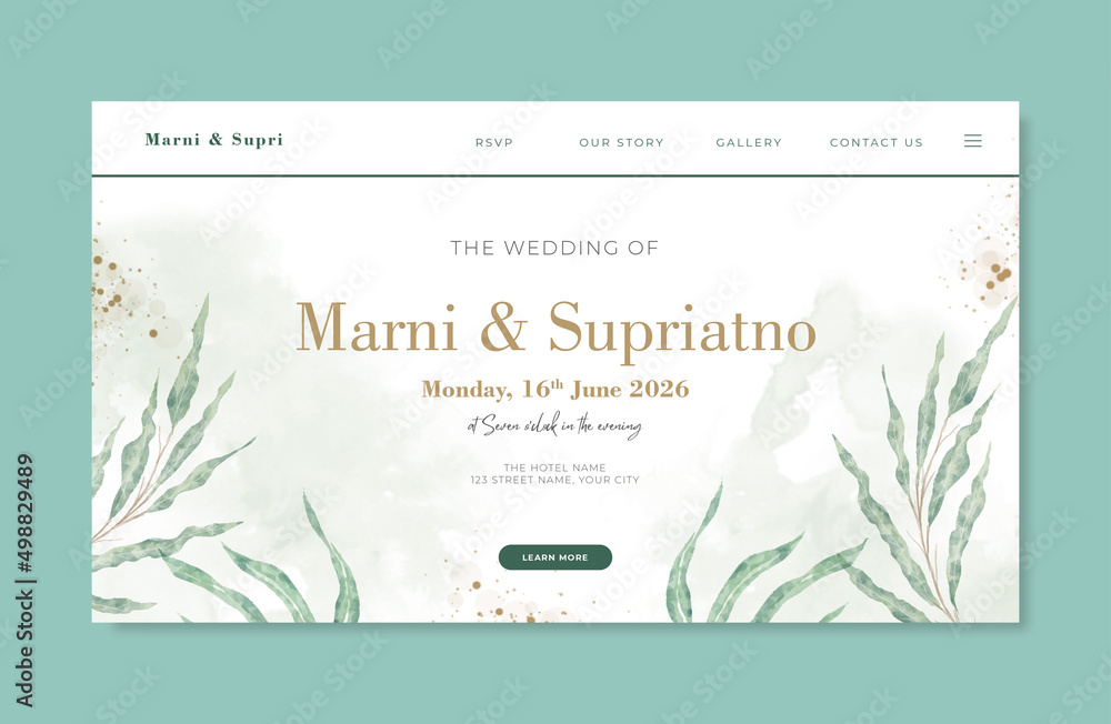 Beautiful landing page for elegant wedding with watercolor eucalyptus ...