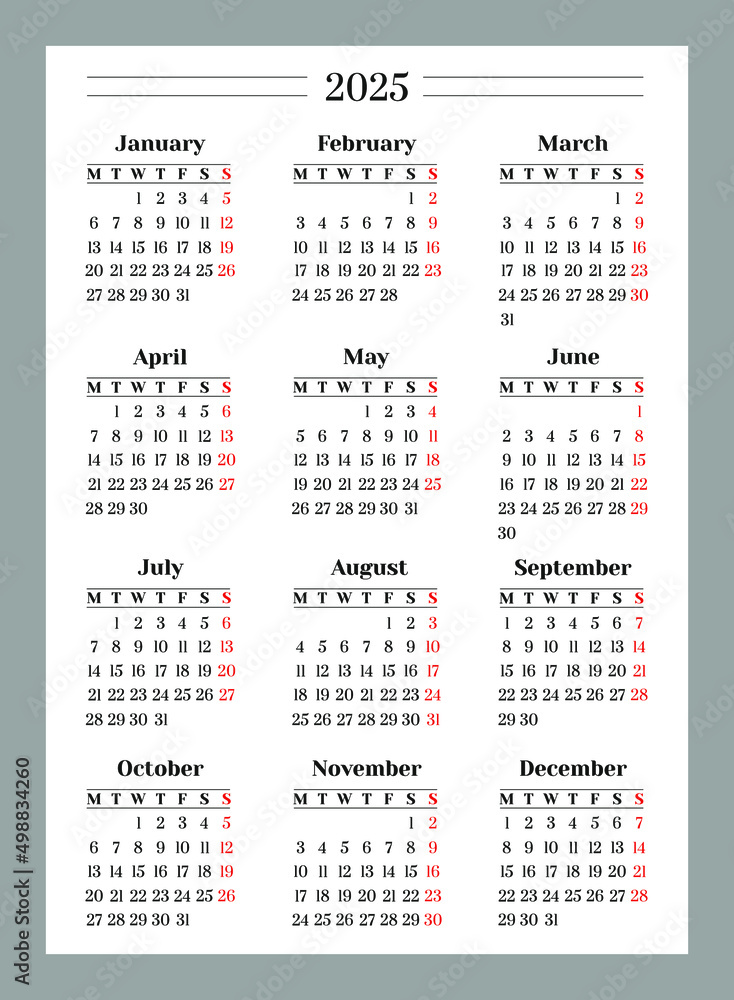Vertical calendar grid for 2025 in A4 format, week starts from Monday ...