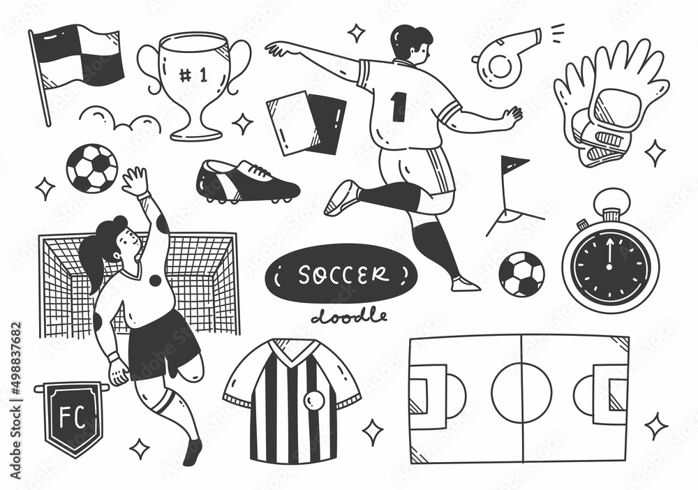 Hand Drawn Soccer Ball Championship and Equipments Doodle Vector ...
