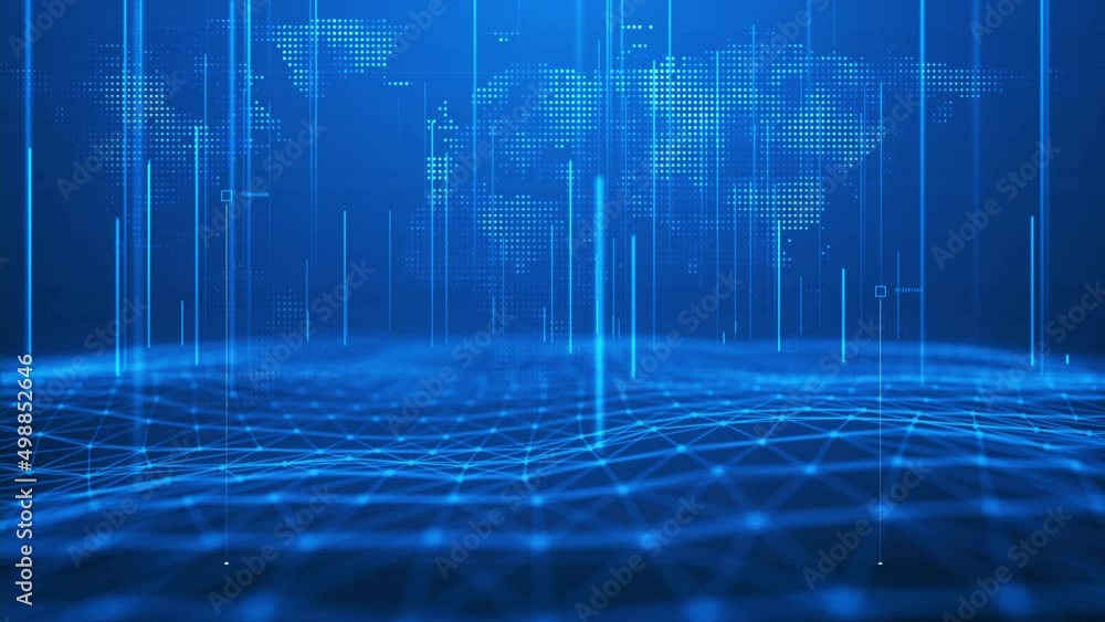 Blue technology grid lines rise, world map news background video ...