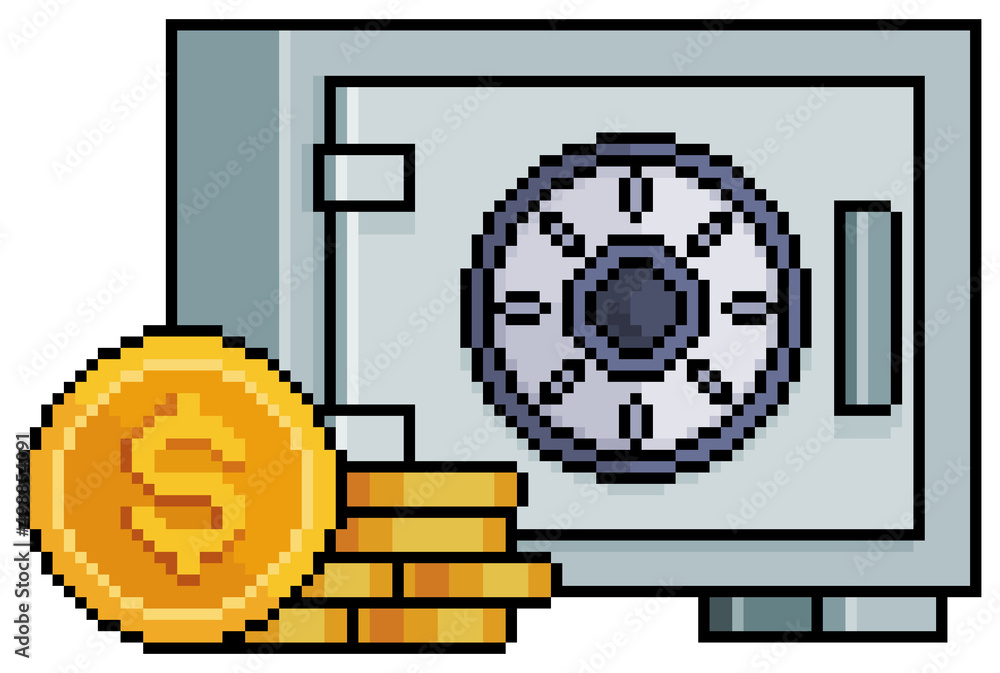 Vecteur Stock Pixel art safe box vault with gold coins with gold coins ...