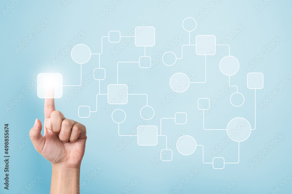 Business process and workflow automation with flowchart. Hand pointing ...