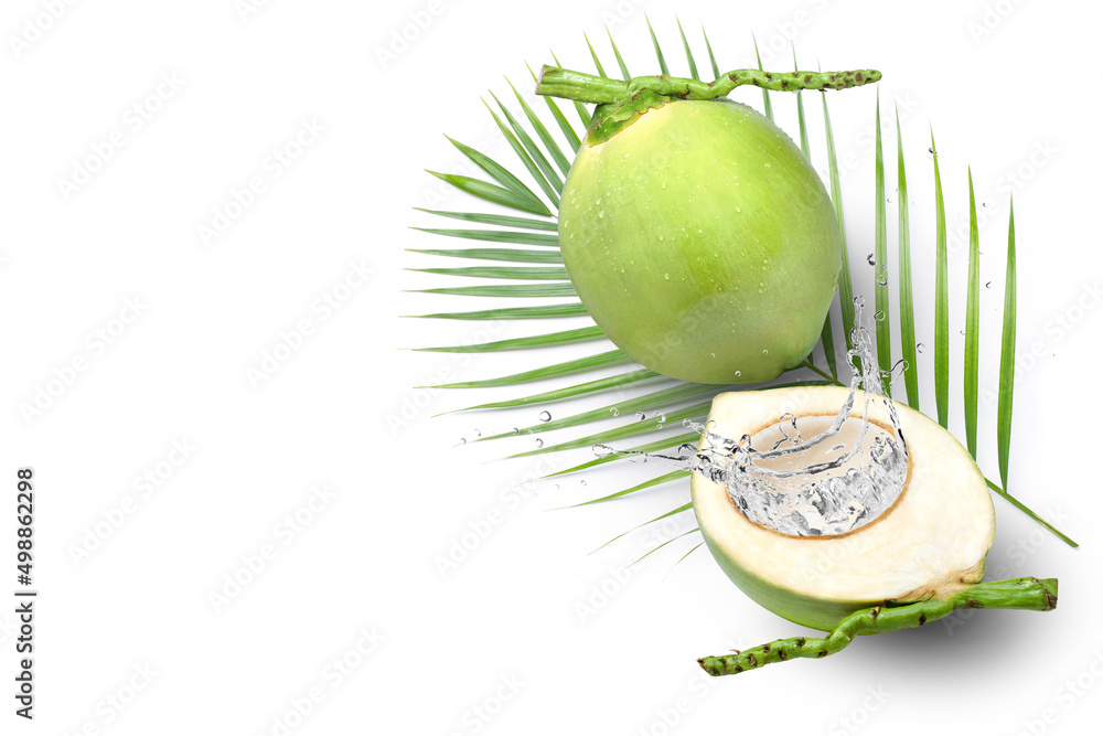 Fresh young green coconut fruit and cut in half slice with green palm ...