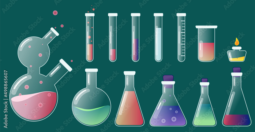 Set of laboratory elements: glass flasks, vials, test-tubes with ...