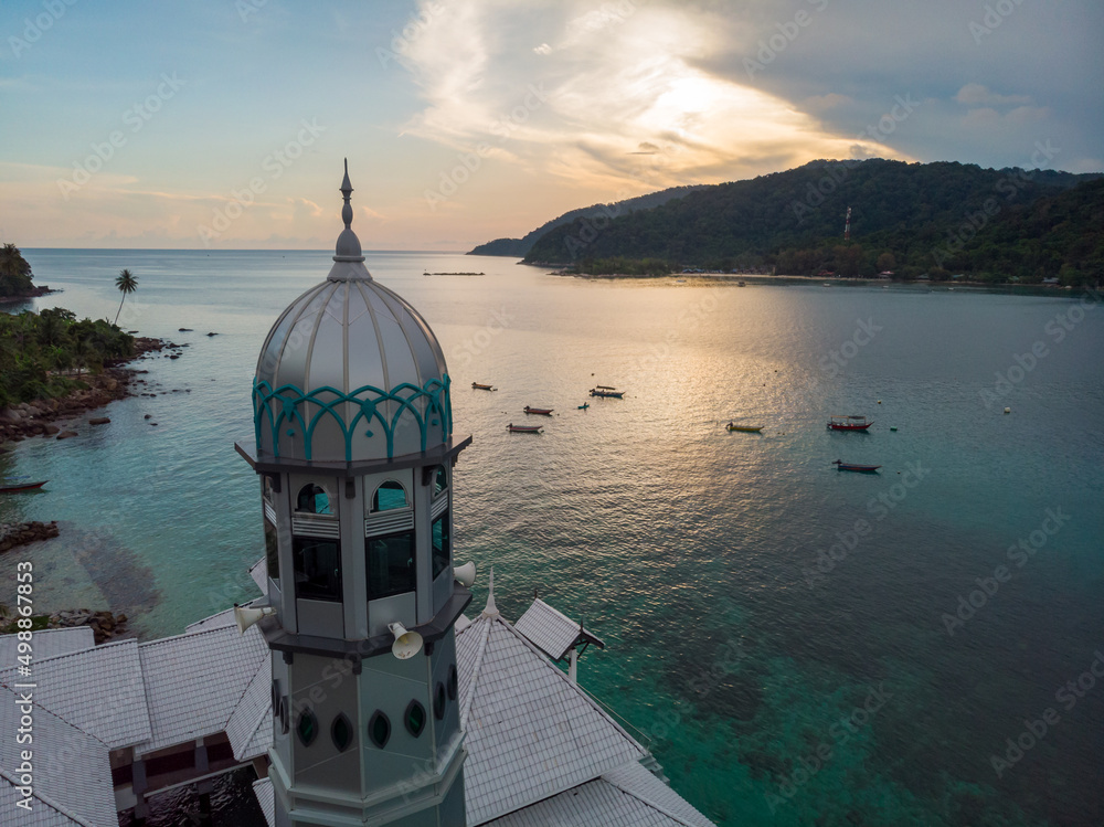 Ar Rahman Mosque at Perhentian Island overlooking the calm ocean during ...