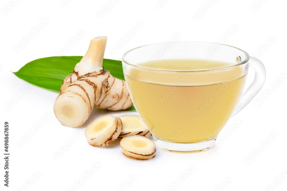Galangal tea and fresh galanga rhizome (Alpinia Galanga) with green ...