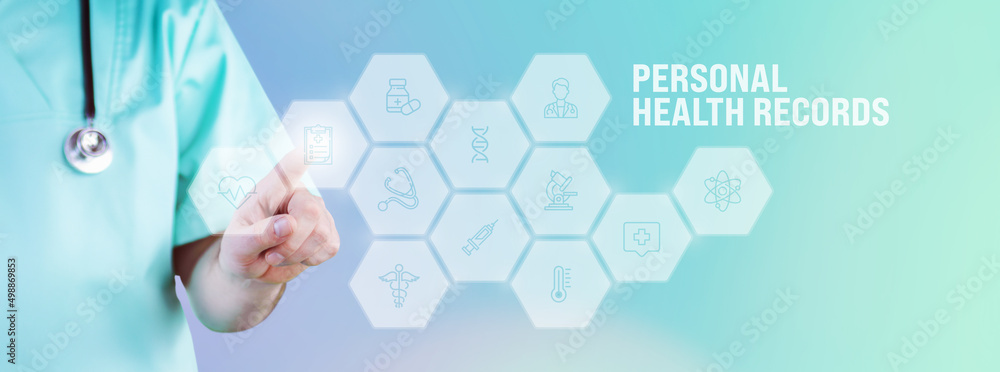 Personal health records (PHR). Male doctor pointing finger at digital ...