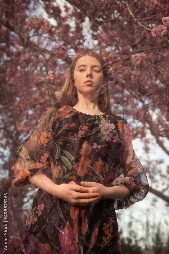 art portrait of a woman in floral dress under cherry blossom sakura ...