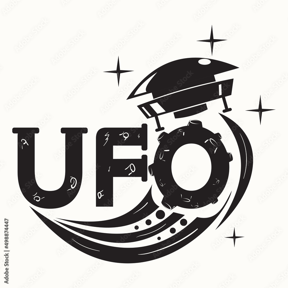 stylized inscription UFO with a flying saucer through the letter drawn ...