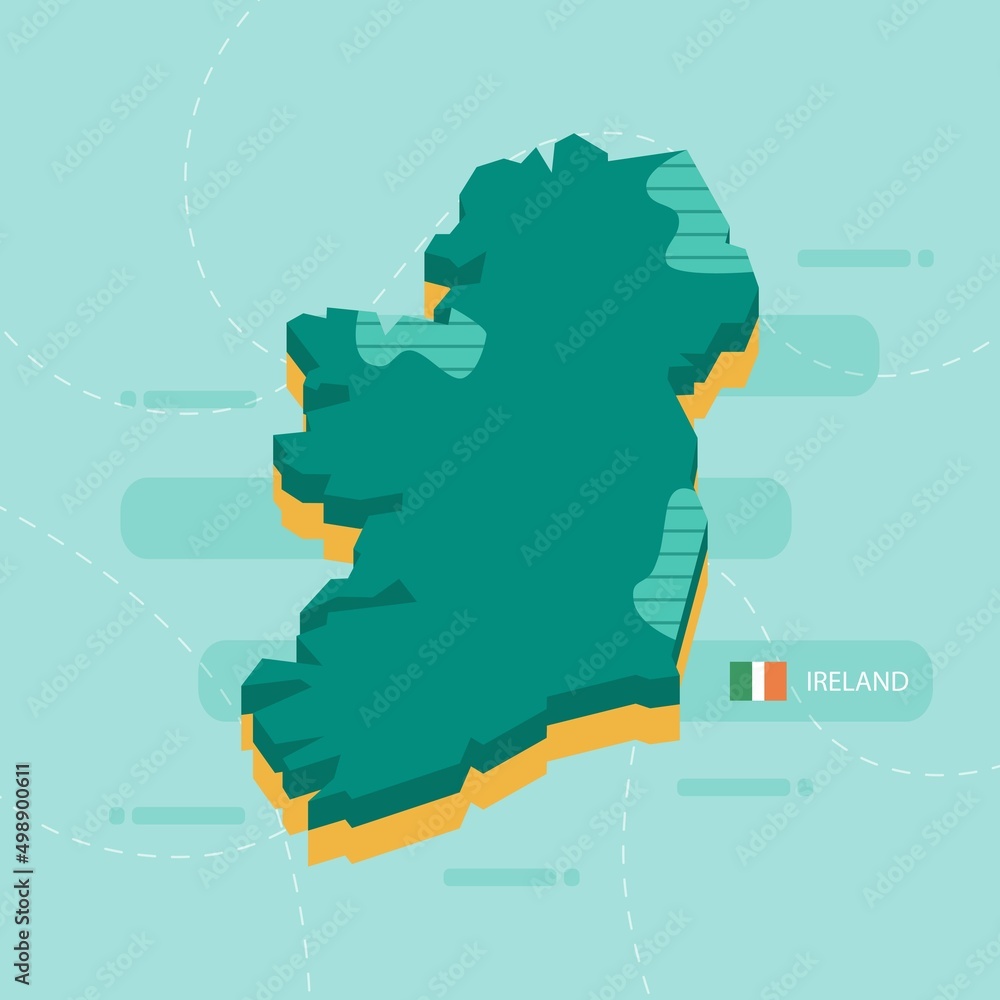 3d vector map of Ireland with name and flag of country on light green ...