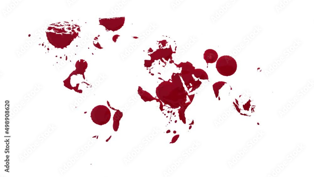Blood drop splatter makes a world map. Drops of blood land on a white ...