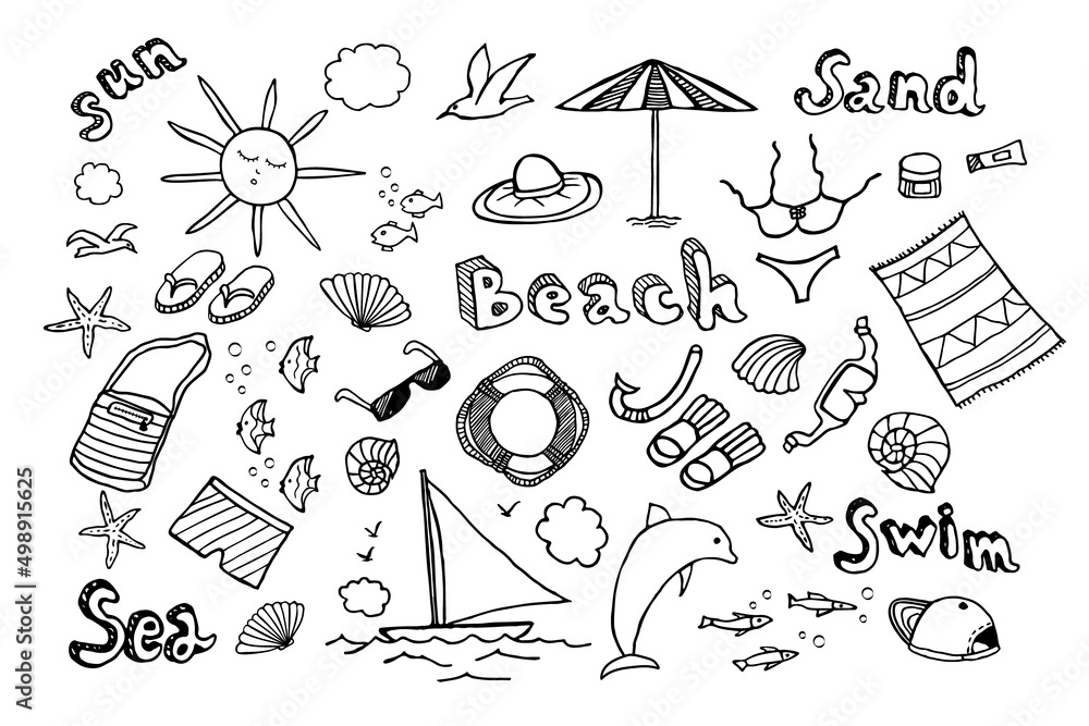 A set of black and white hand drawings of beach accessories. Stock ...