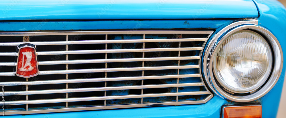 Minsk, Belarus. Apr 2021.Retro Soviet car, headlights and chrome grille ...