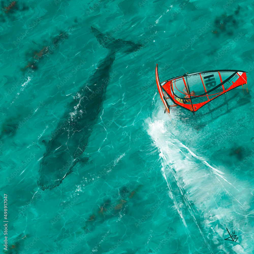 Birds eye view of a Windsurfer doing a jump with the silhouet of a ...