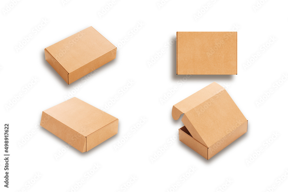 Brown mailer packaging box mockup isolated on white background. Top ...