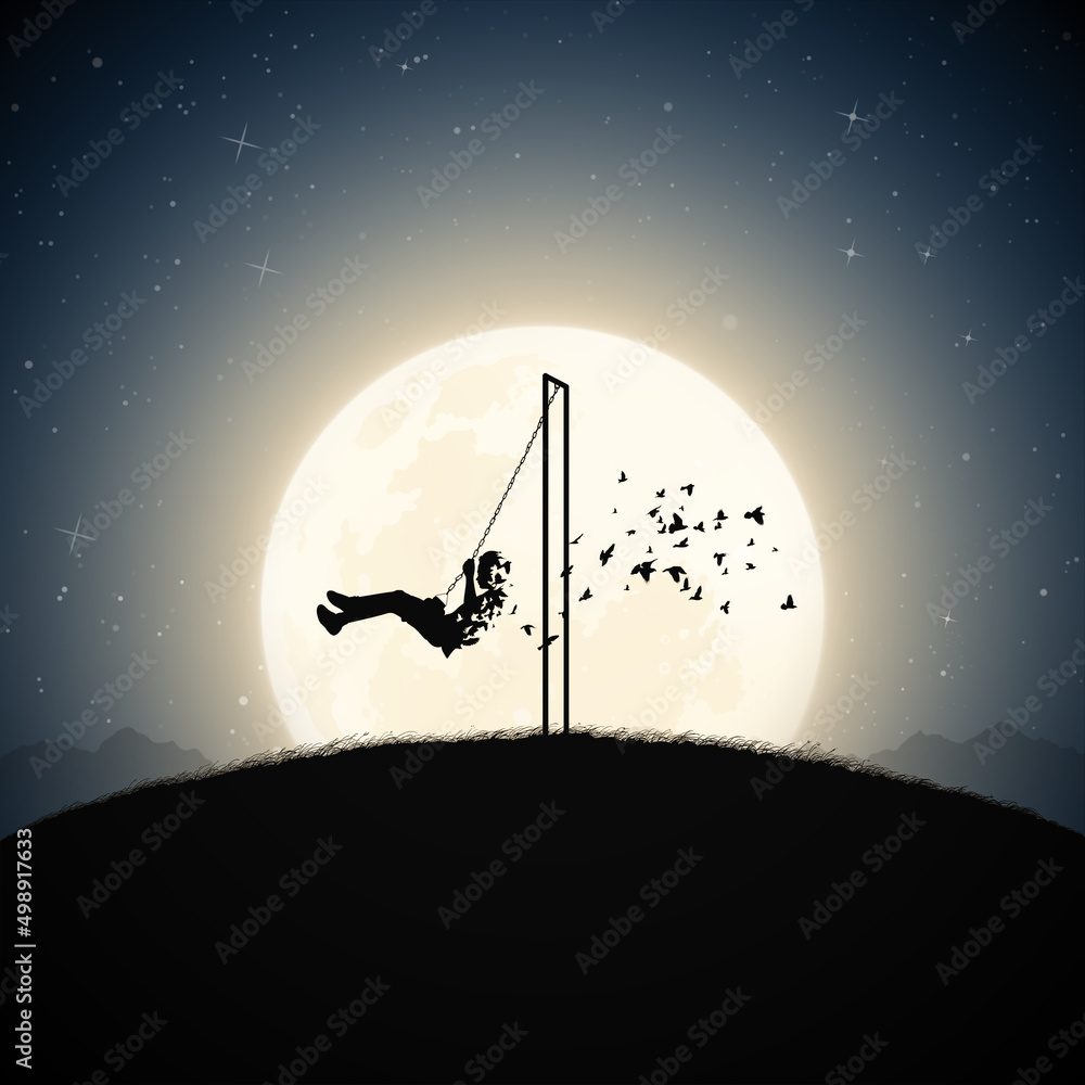 Boy on swing silhouette. Dying child. Death and afterlife. Full moon ...