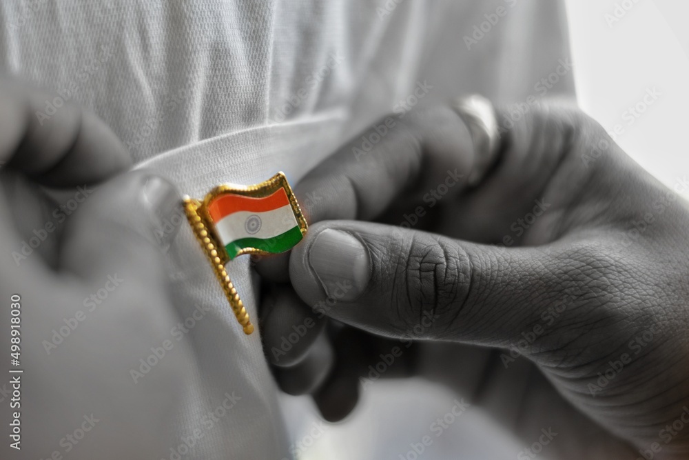 Picture of a hand of a person holding badge of Indian flag, tricolor ...