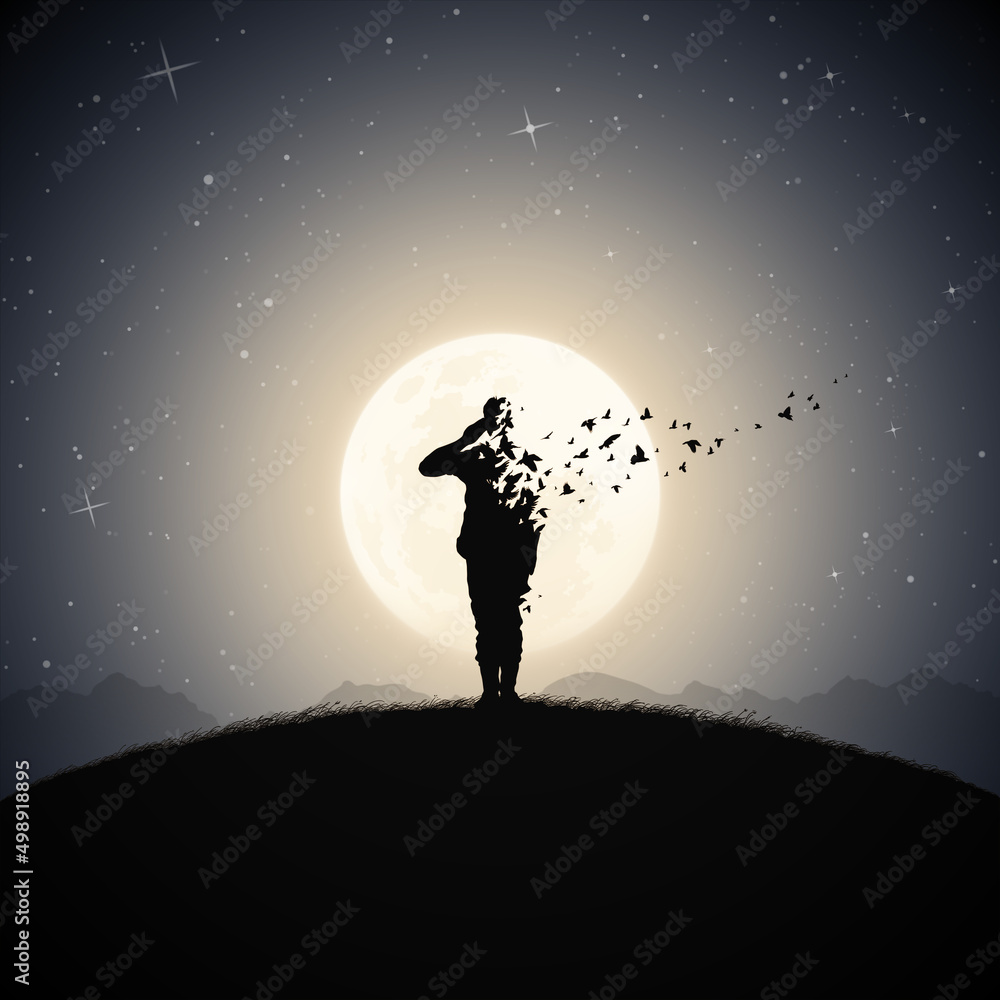 Dying soldier silhouette on battlefield. Death, afterlife. Full moon ...