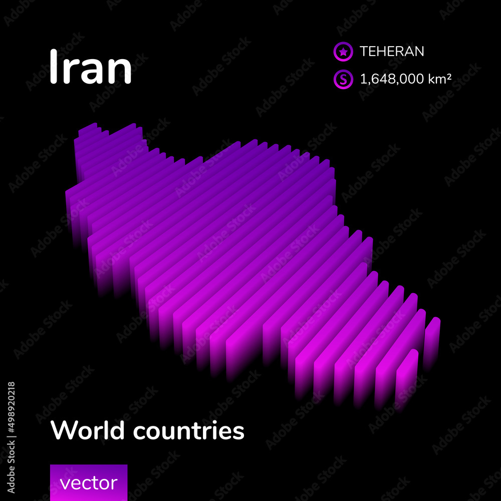 Iran 3D map. Stylized neon simple digital isometric striped vector Map ...