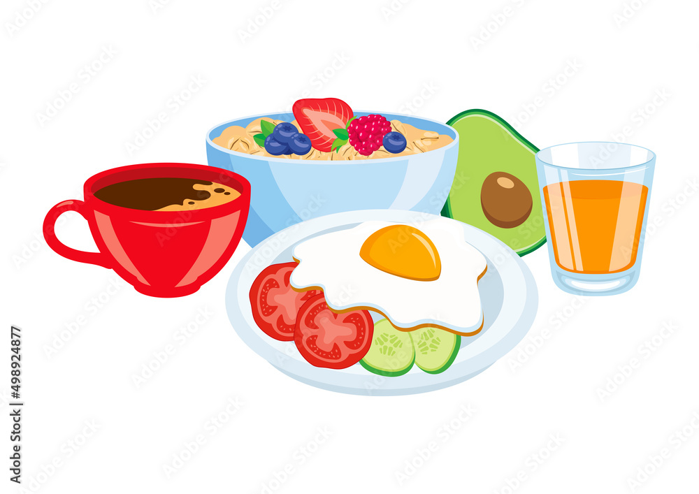 Healthy full breakfast still life icon vector. Breakfast with oatmeal ...