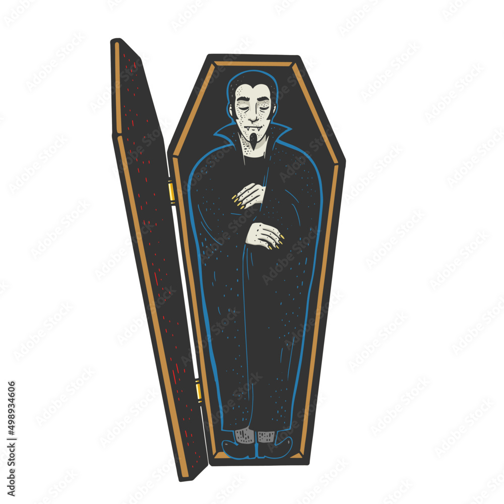 Póster Vampire sleeping in a coffin color sketch engraving vector ...