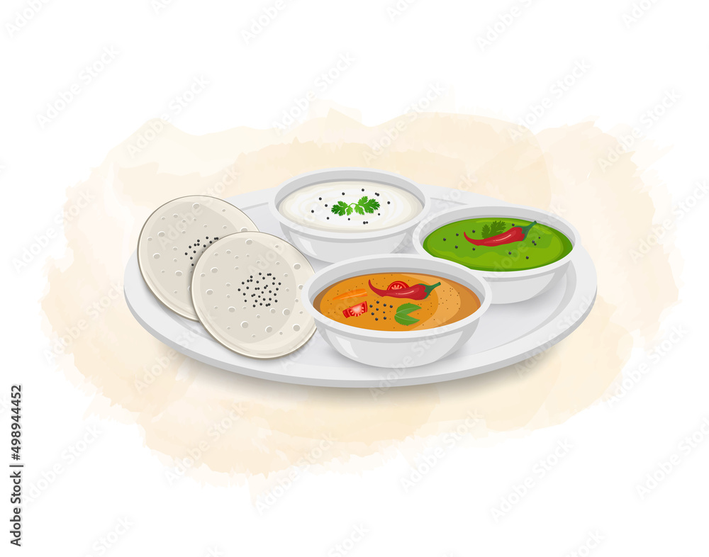 Idli Sambar south Indian food with coconut and green chutney- vector ...