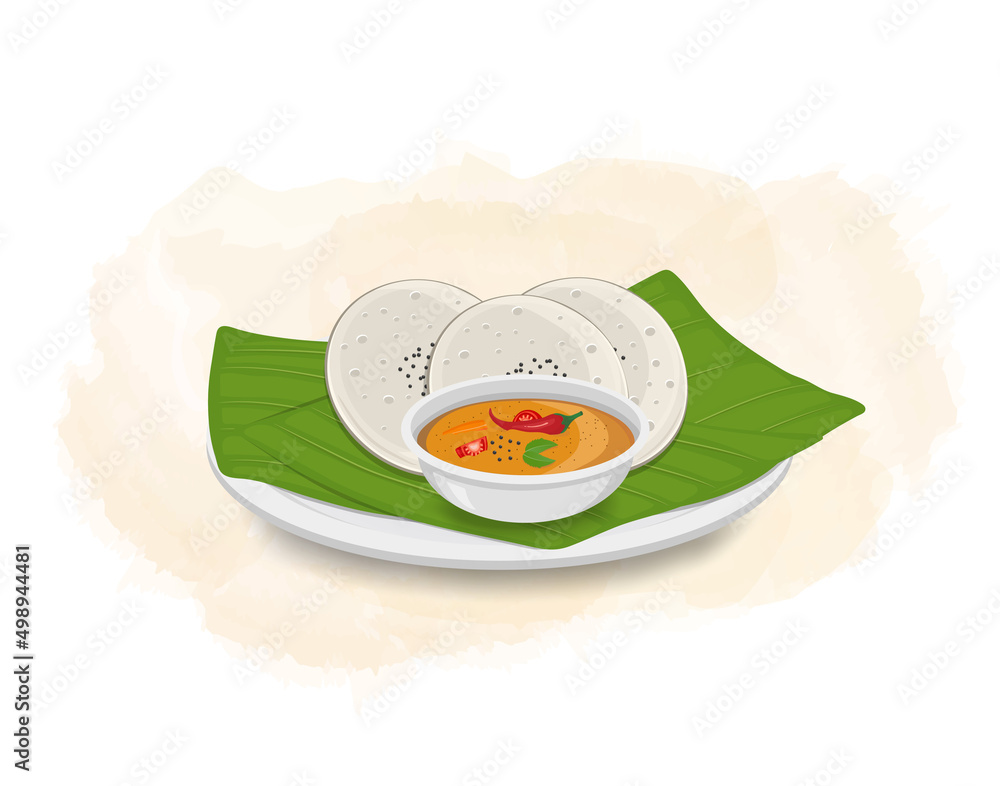 Idli with Sambar vector illustration with green leaf Stock Vector ...