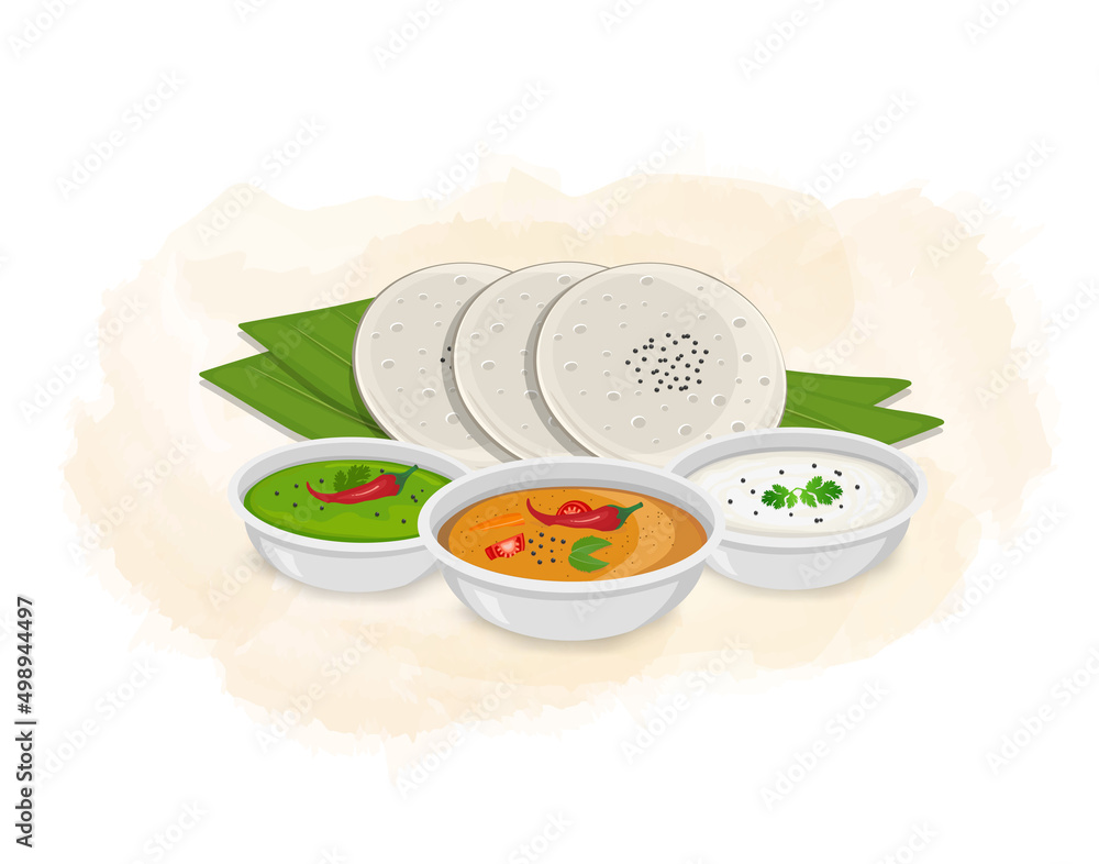 Idli Sambar South Indian food vector illustration with green and ...