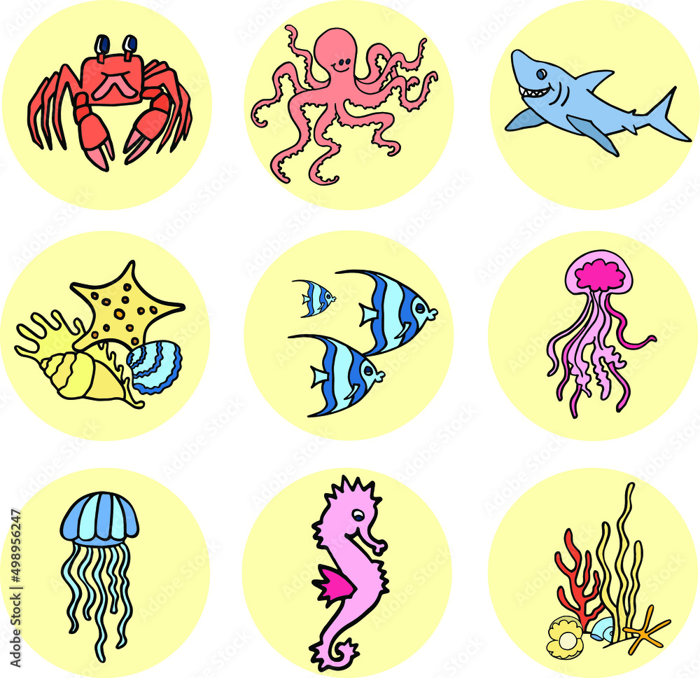 Colorfull cute sea animals stickers for kids with fanny red crab ...