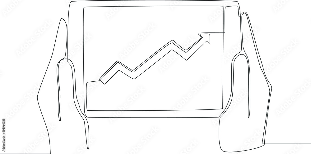 Single continuous line drawing trading chart up arrow on tablet. One ...