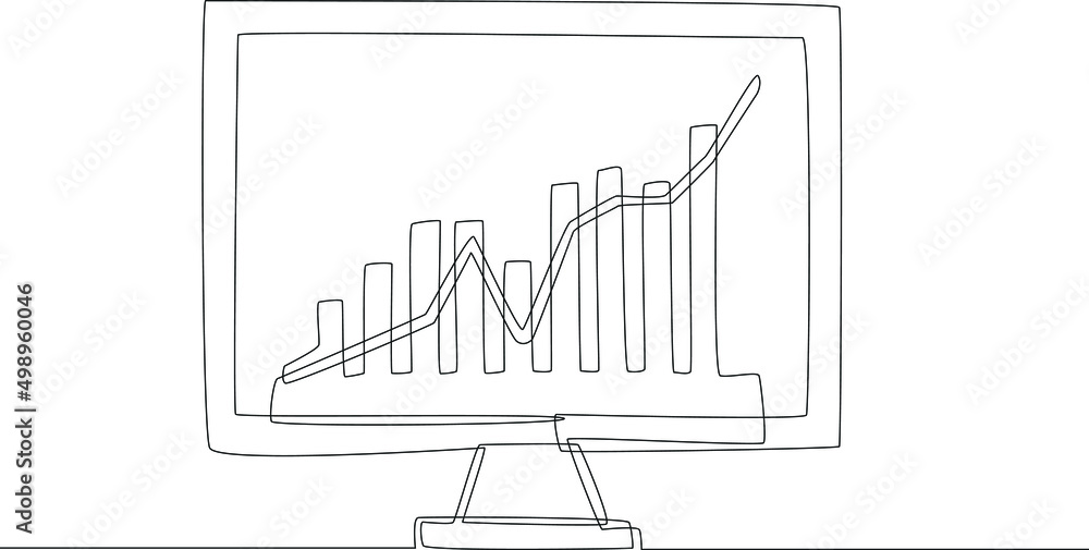 Single continuous line drawing share market chart data graphs on laptop ...