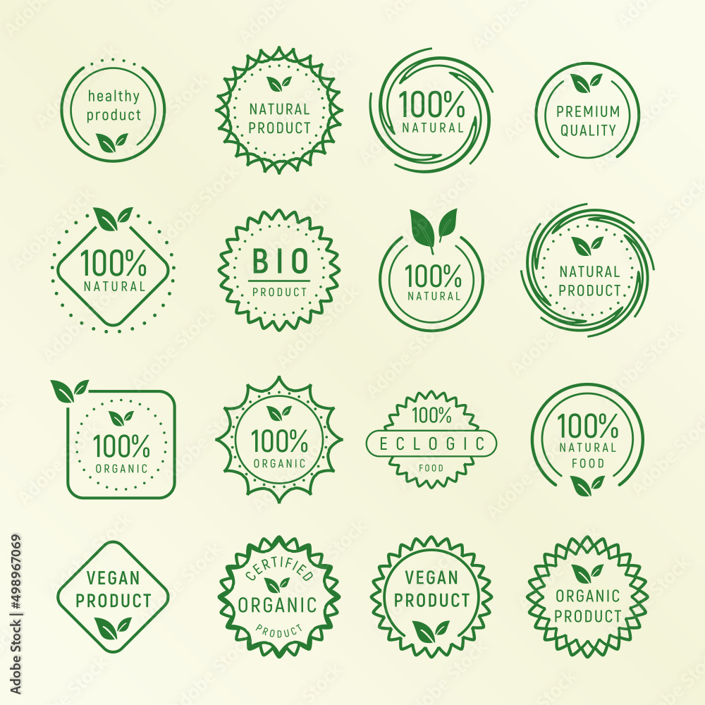 Organic product stamp emblems set illustration. Bio product emblems ...