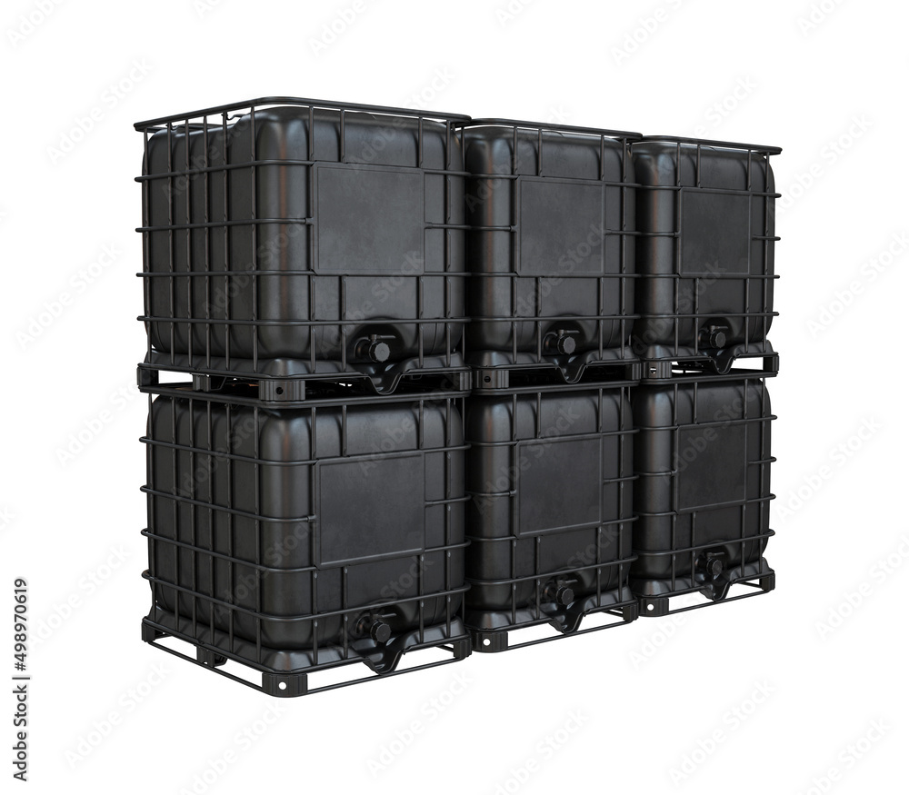 A stack of IBC containers for liquids in black on a white background ...