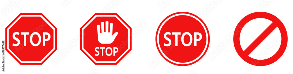 Red stop sign icon collection. Stop street sign. Stop hand sign with ...